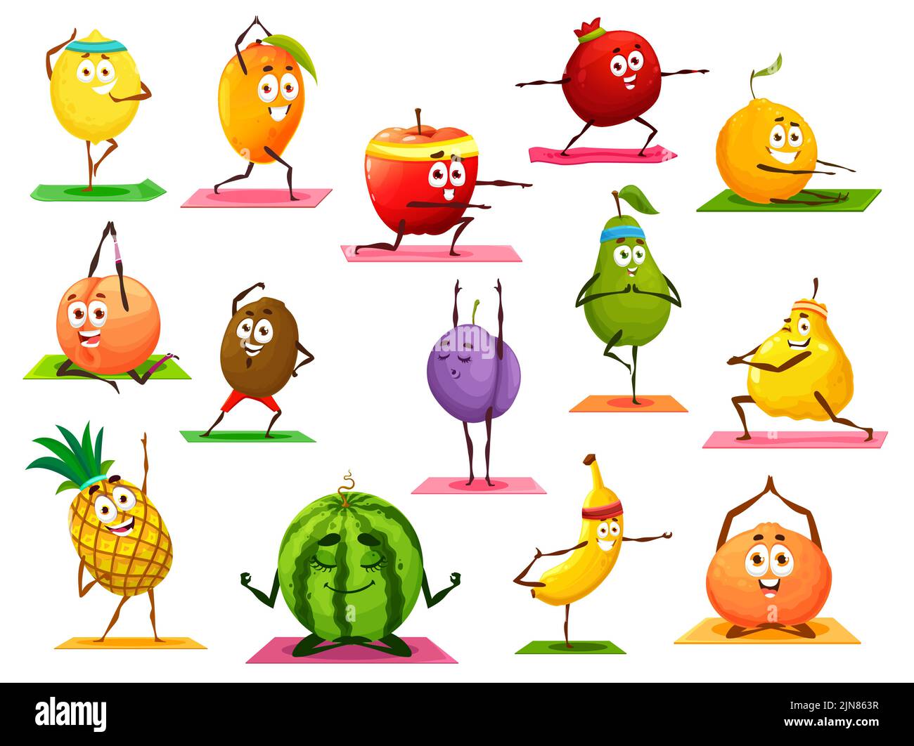 Cartoon isolated fruits characters on yoga and pilates or fitness sport ...