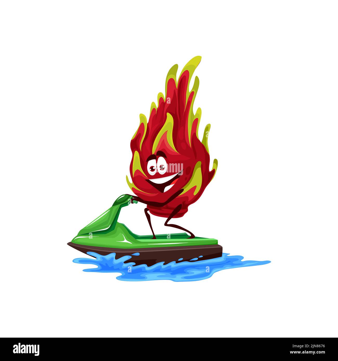 Cartoon cheerful dragon fruit on water bike scooter. Funny vector pitahaya character sportsman ...