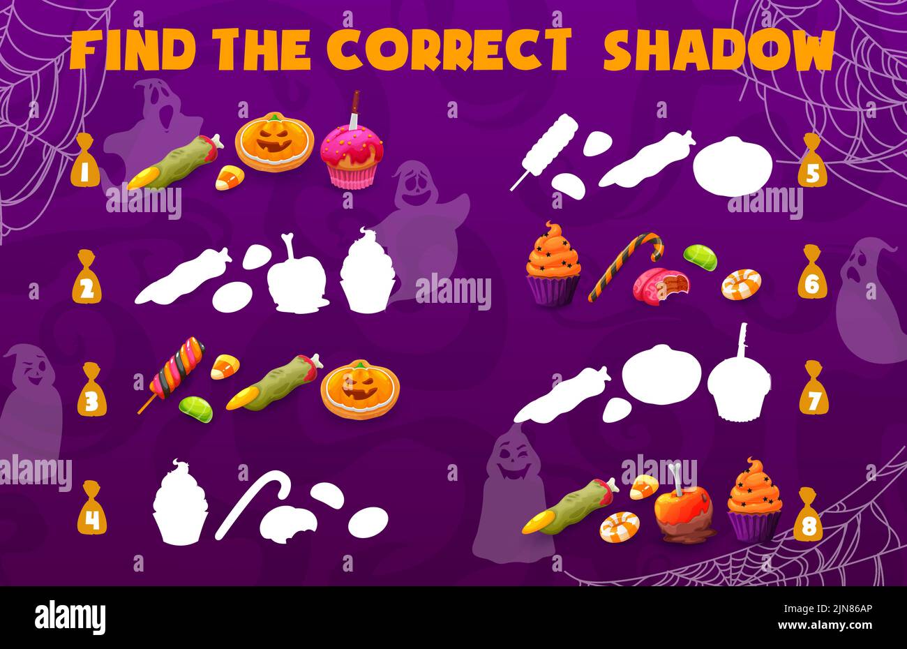 Shadow matching game of Halloween holiday sweets and candies. Kids ...