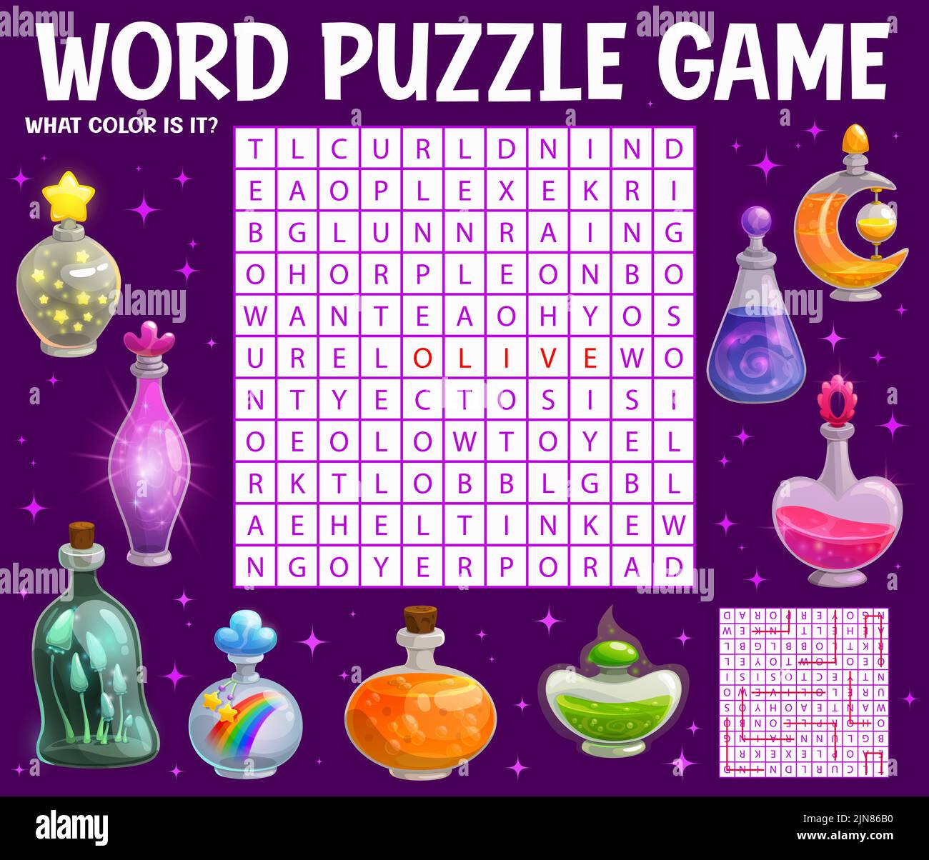 Cartoon magic potion bottles word search vector puzzle game worksheet ...