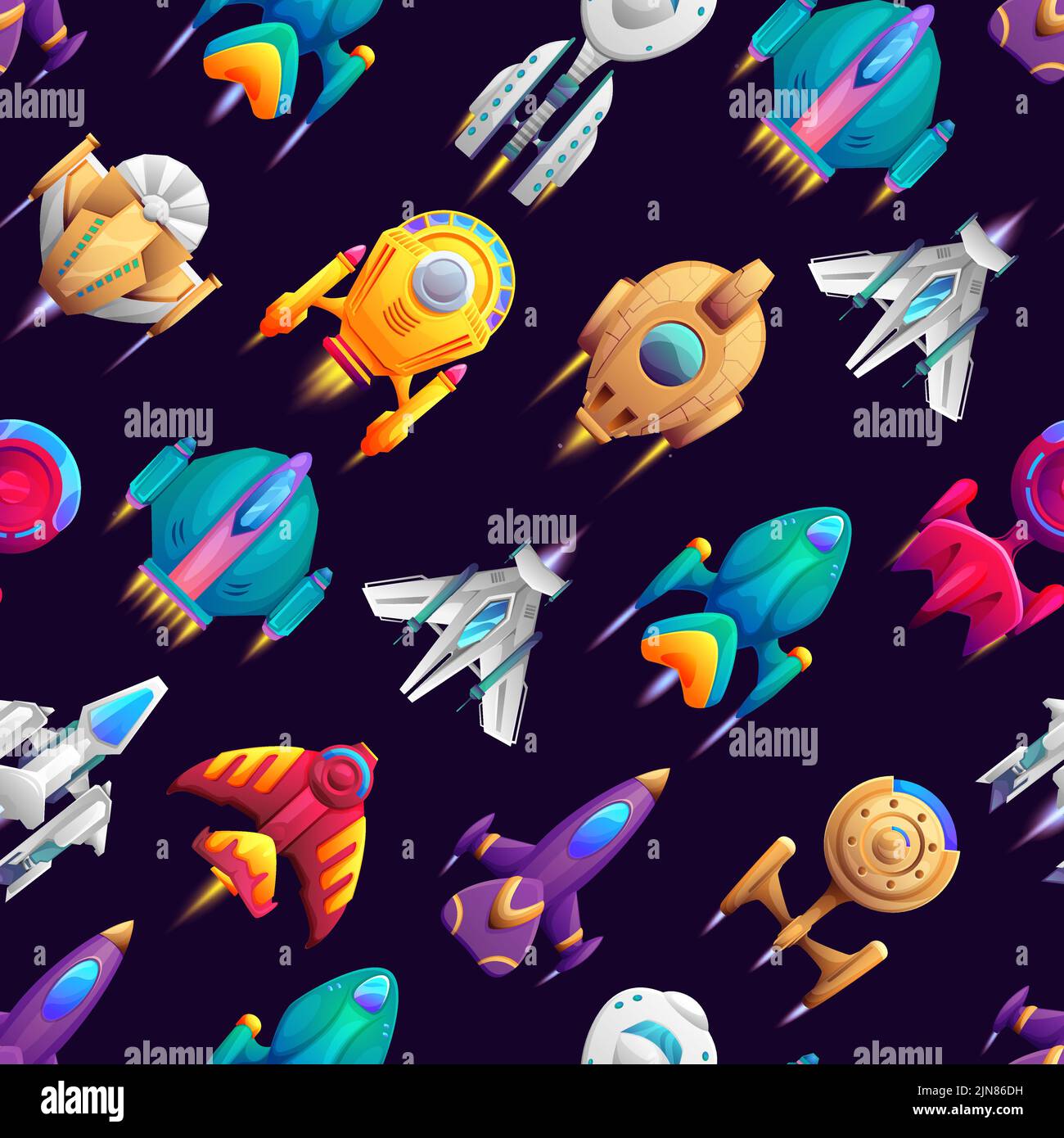 Cartoon galaxy space starships vector seamless pattern background. Kids fantasy galactic rocket ...