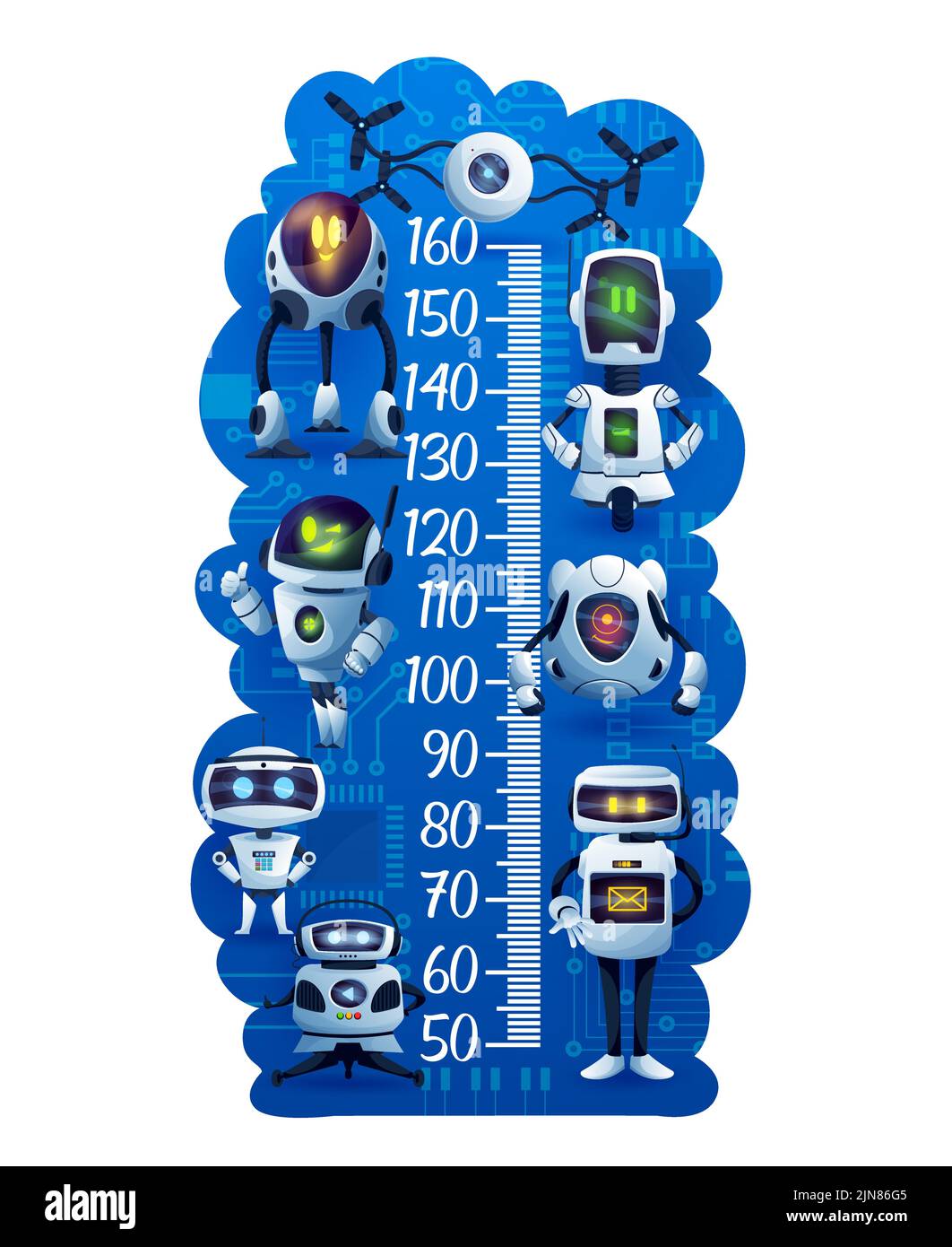 Cartoon robots and droids, circuit board on kids height chart. Children ...