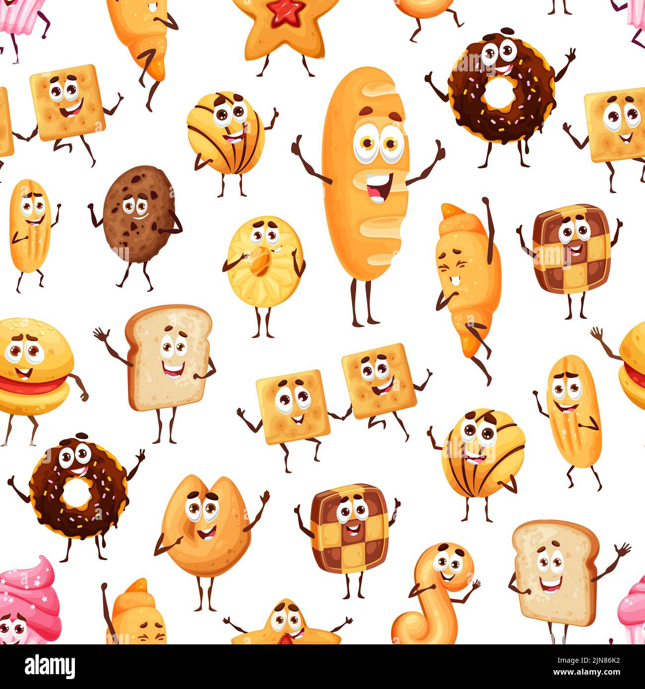 Bread, pastry and confectionery cartoon funny characters seamless ...