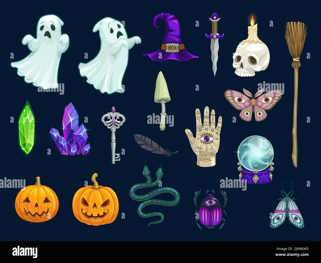 Halloween, magic and occult objects of vector ghosts, pumpkin jack-o ...