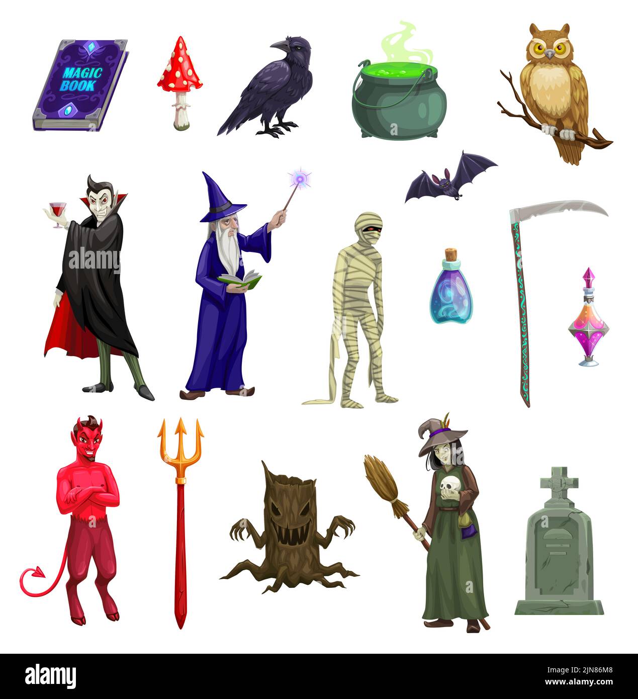 Halloween creepy characters and personages with spellbook, potion and ...