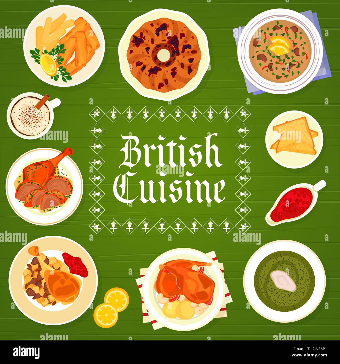 British cuisine menu cover page template. Irish coffee, cranberry sauce ...