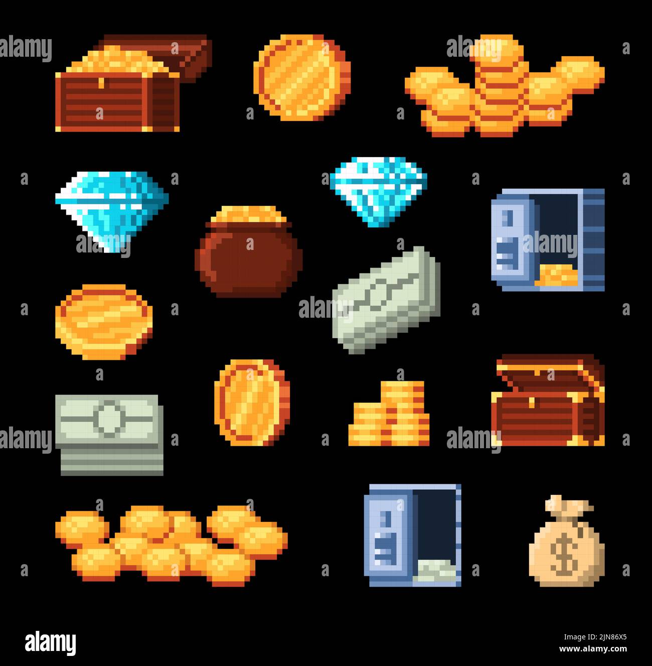 8 bit retro pixel golden coins, treasure chest, diamond, money bag, pot ...