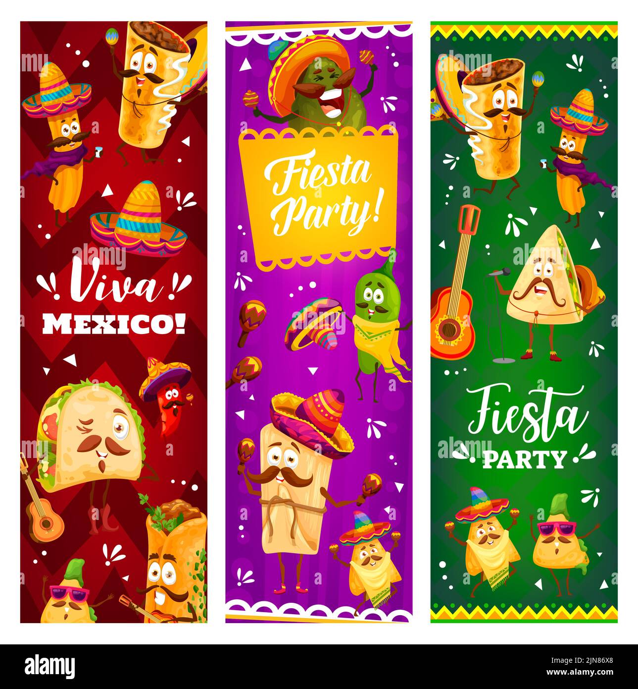 Cartoon mexican characters on fiesta party. Funny tacos and quesadilla ...