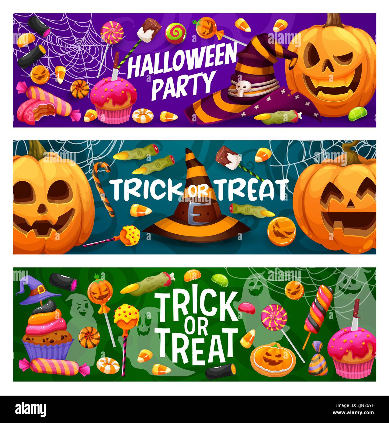 Halloween holiday cartoon banners. Sweets, candies with witch hats and ...