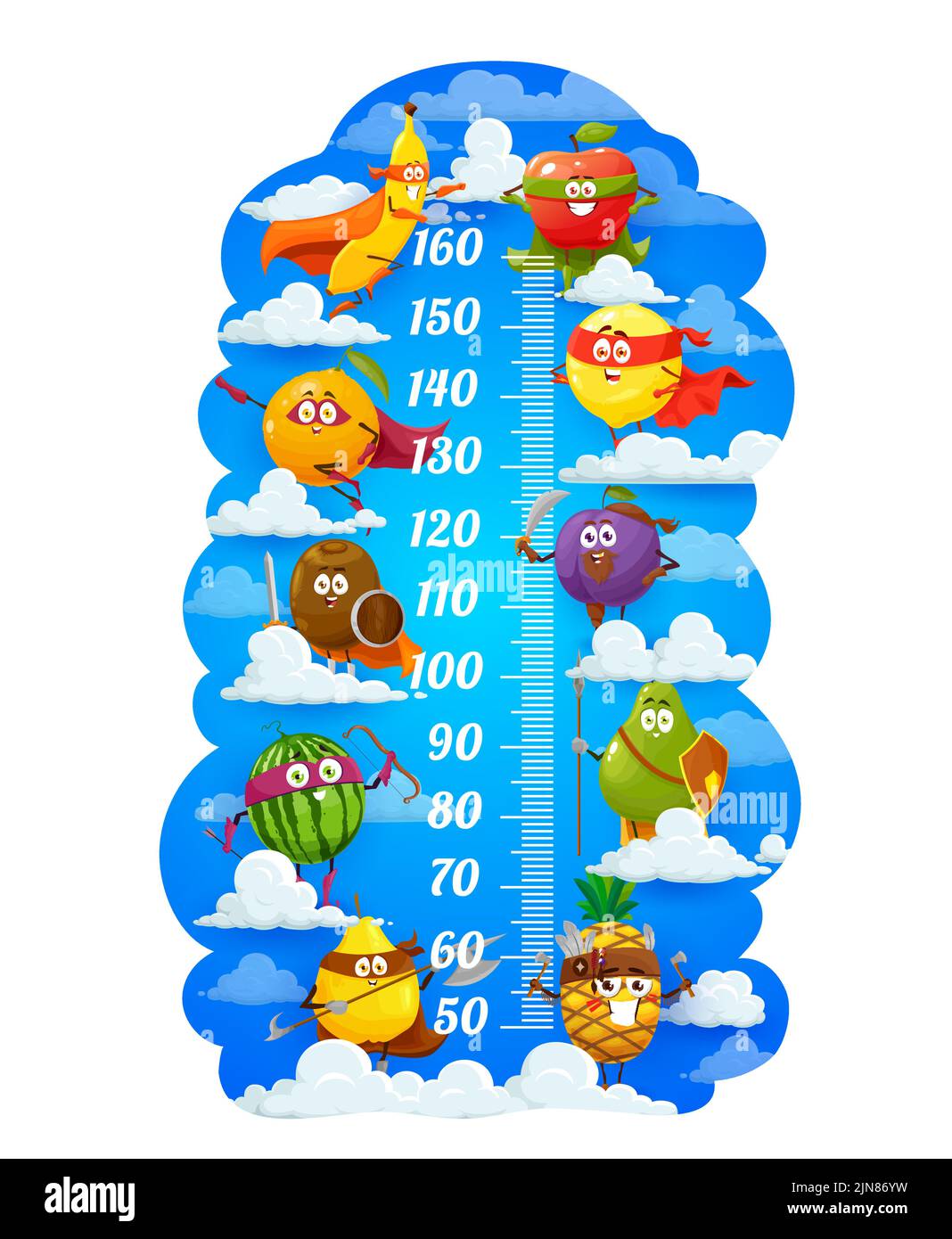 Cartoon fruits superhero kids height chart, growth meter ruler. Vector ...