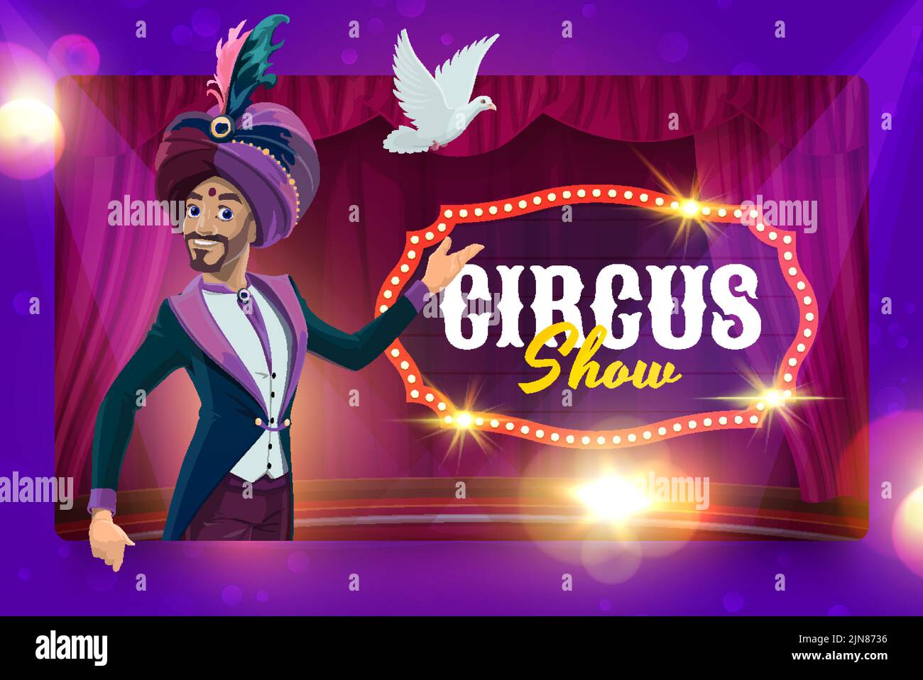 Chapiteau circus cartoon magician mage in a turban on the stage. Big ...