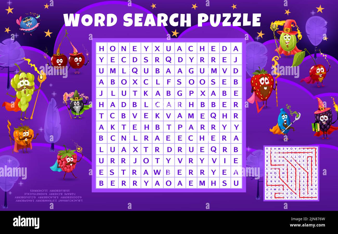 Word search puzzle with cartoon berry wizards, mages, warlocks and ...