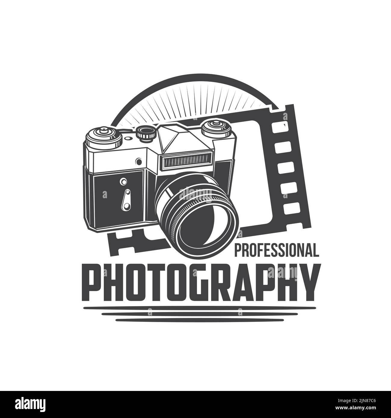 Photography school icon, photo camera and film vector emblem for photographer studio. Photograph ...