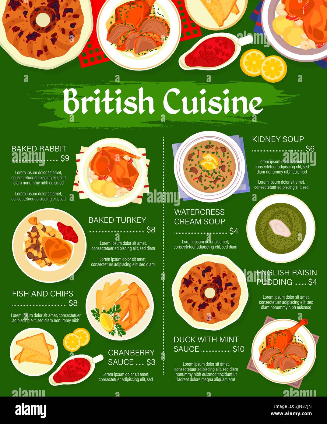British cuisine menu page template. Irish coffee, duck with mint sauce ...