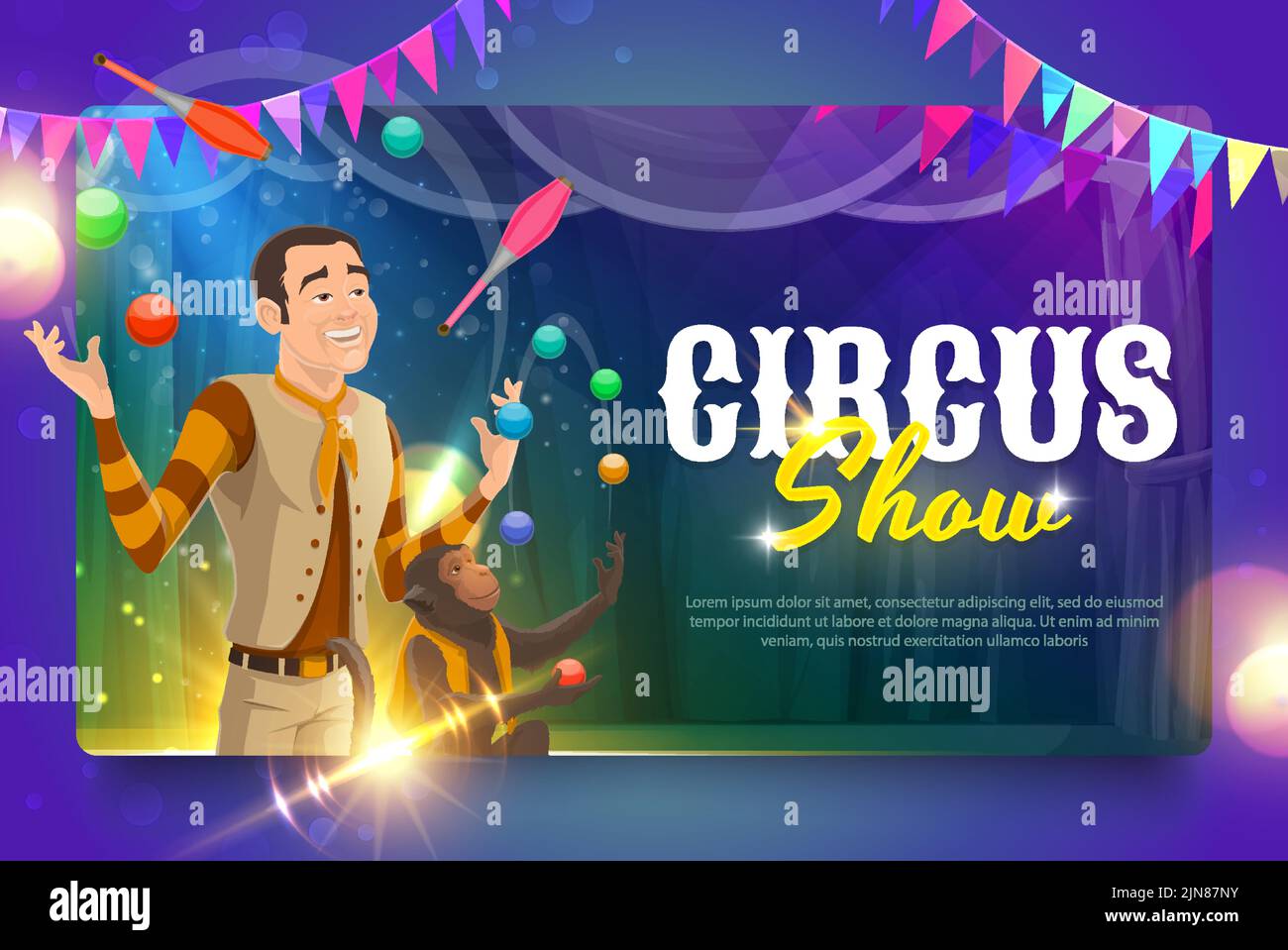 Chapiteau circus cartoon juggler and chimpanzee on stage. Circus ...