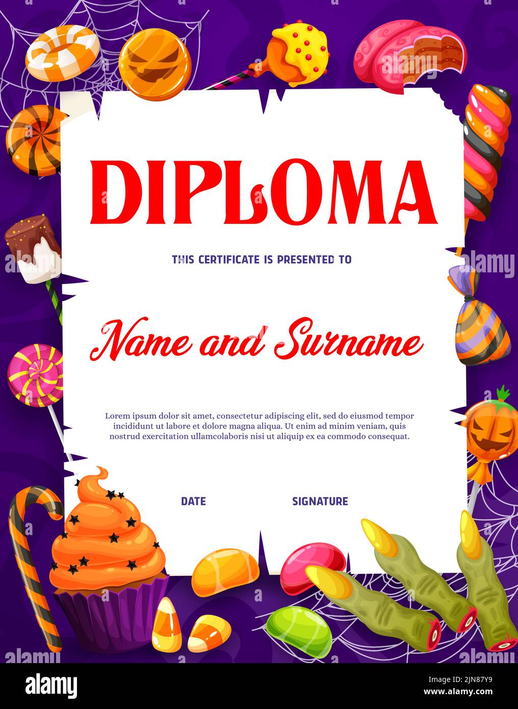 Halloween kids diploma, holiday sweets, candies and cobweb vector ...