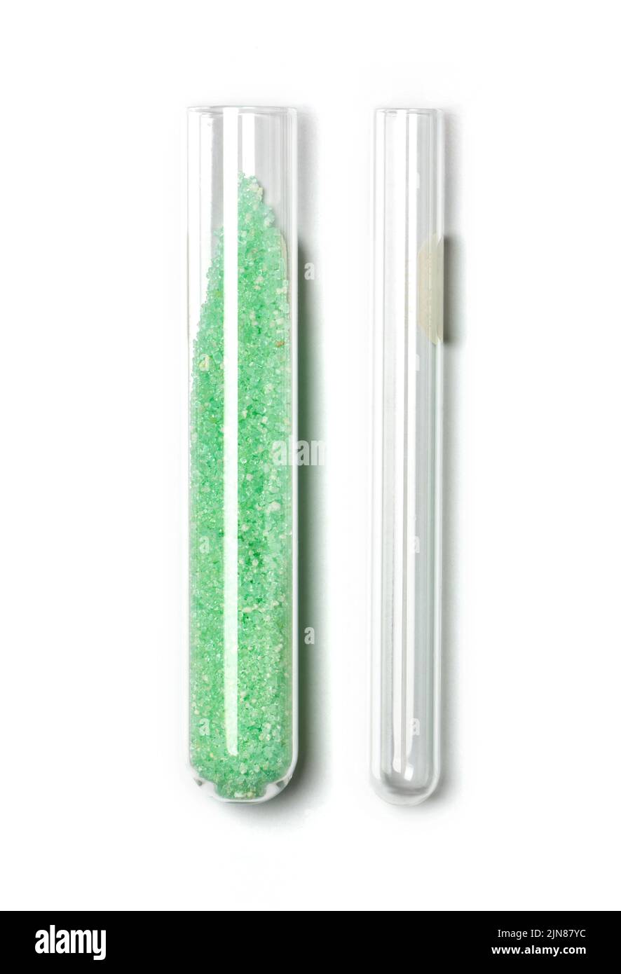 Closeup chemical ingredient on white laboratory table. Ferrous Sulfate ...