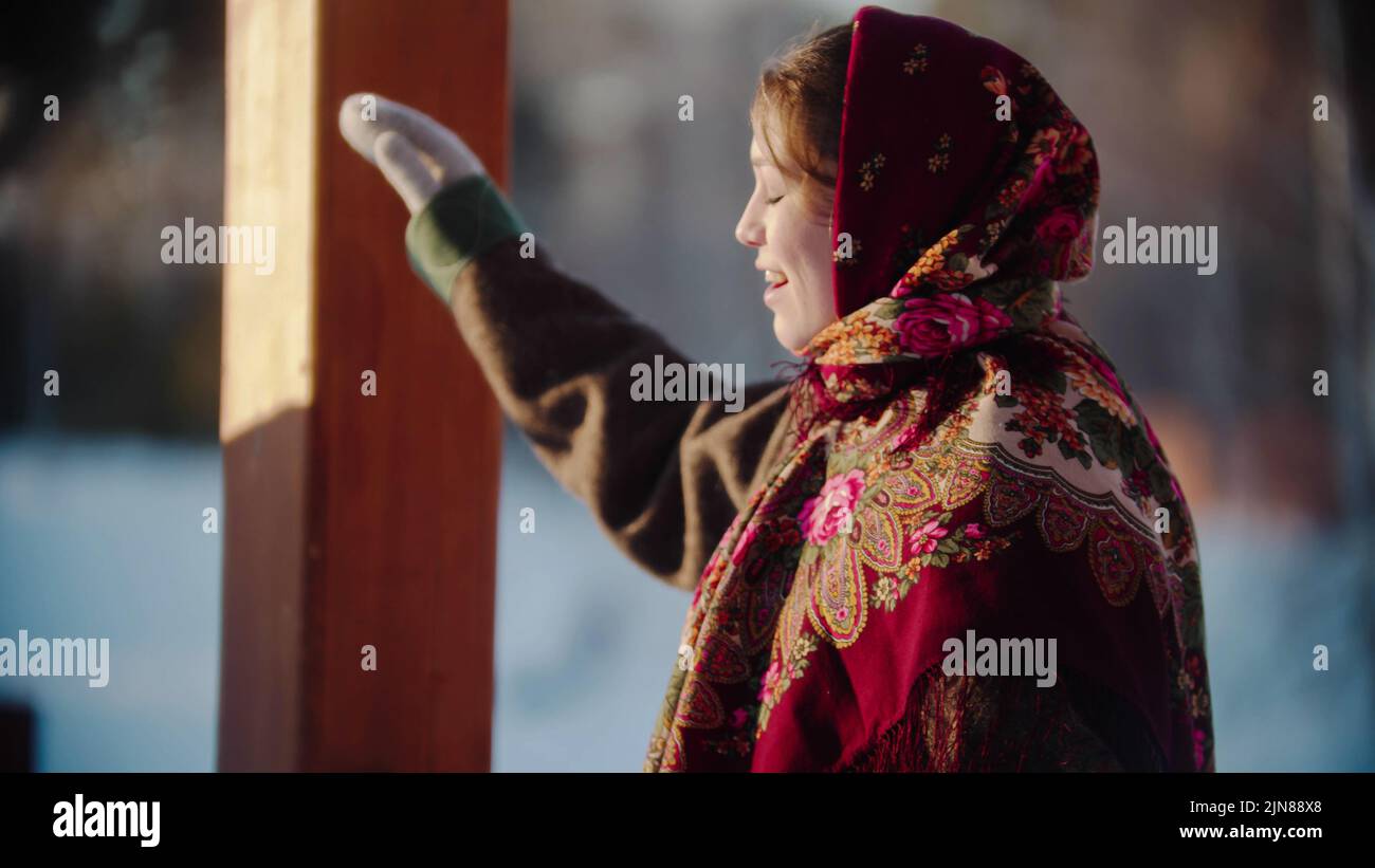 Russian folklore - Russian woman smiling standing outdoors Stock Photo ...