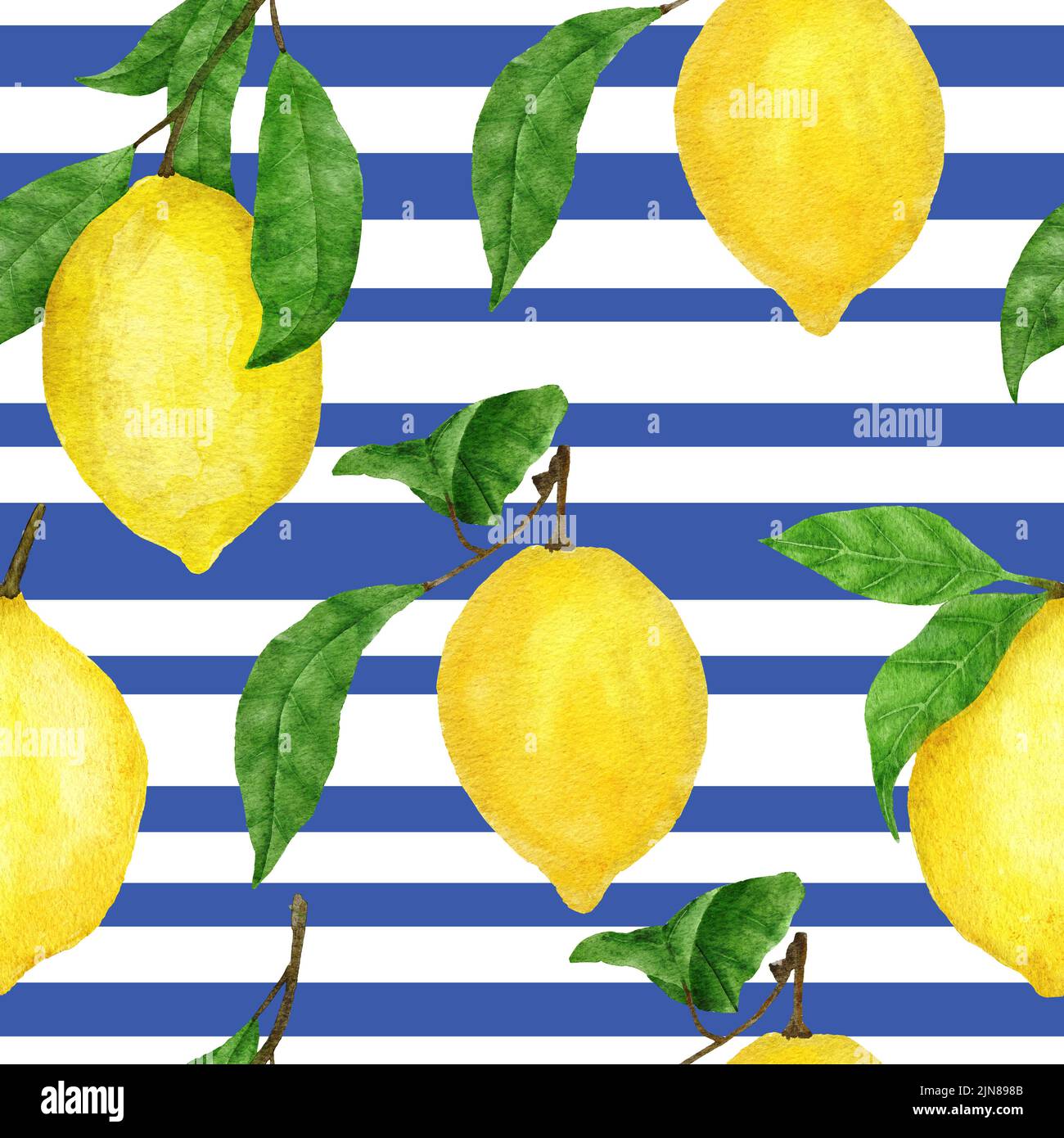 Watercolor hand drawn seamless pattern with yellow lemons and blue stripe background. Summer ...