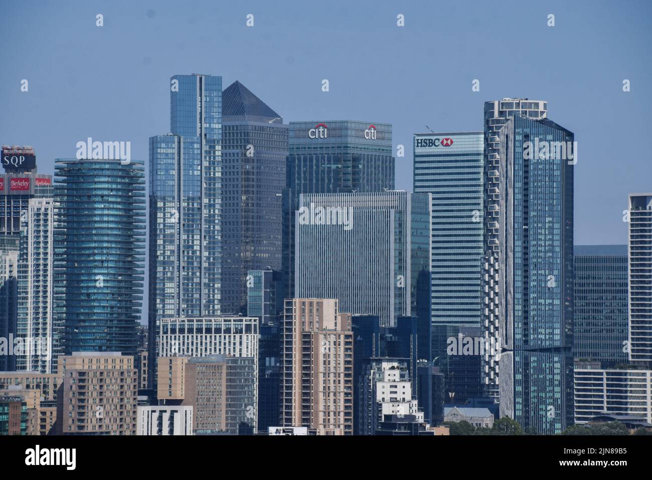 General view of the Canary Wharf skyline on a clear, warm day. (Photo ...