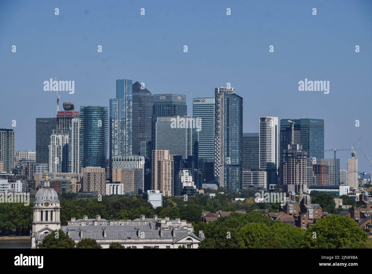 General view of the Canary Wharf skyline on a clear, warm day. (Photo ...