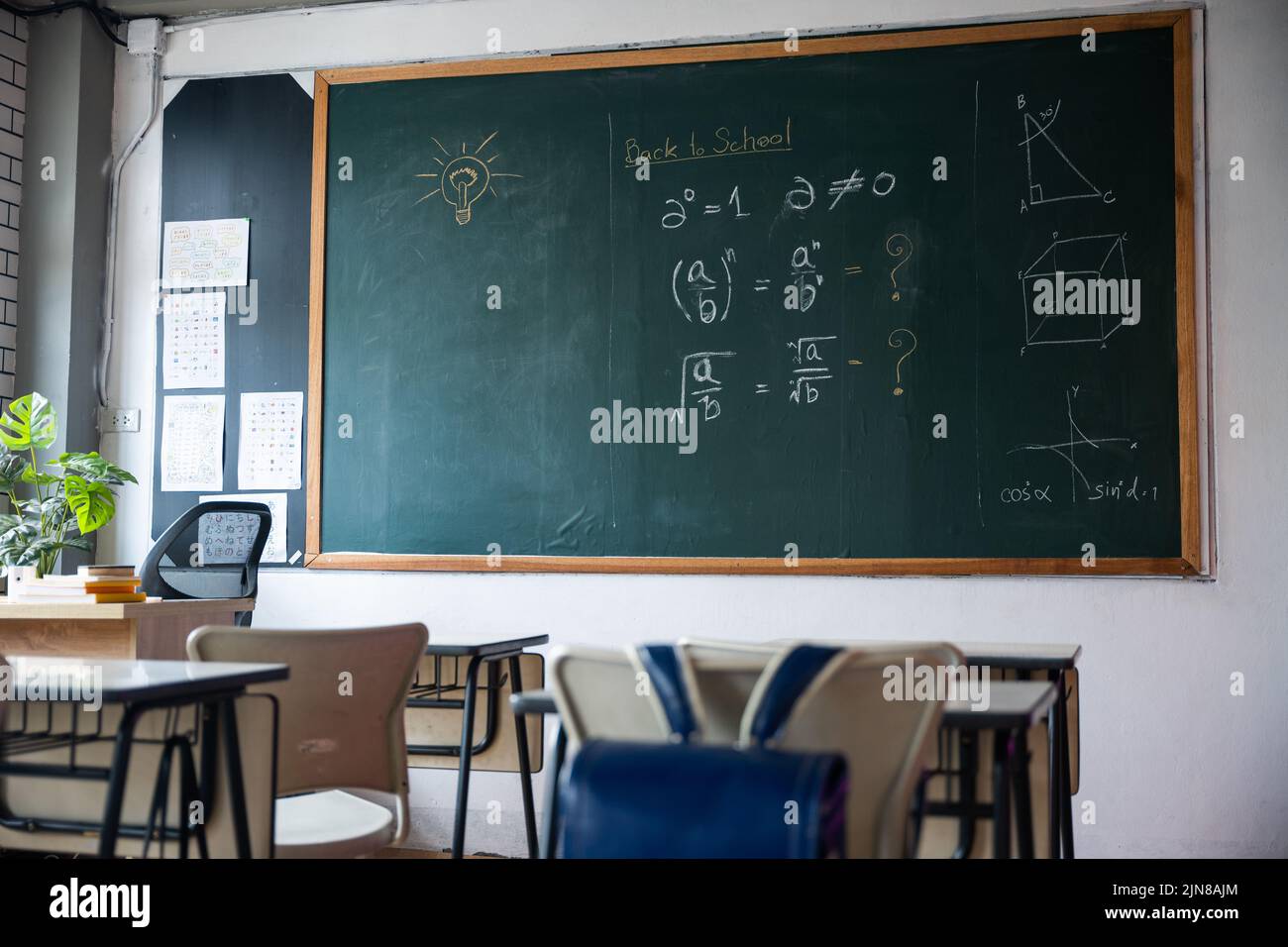 Empty classroom with chairs elementary school desks and chalkboard ...