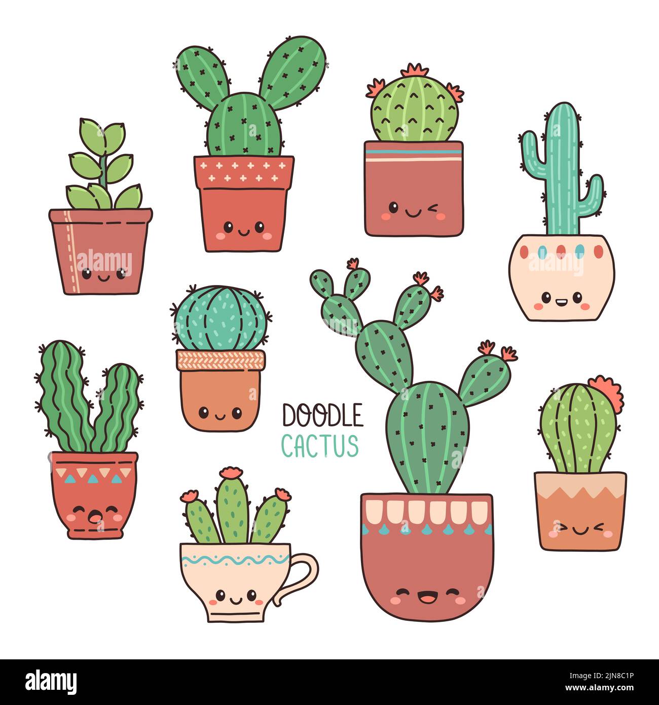 Cute cactus doodle set kawaii succulents vector Stock Vector Image ...