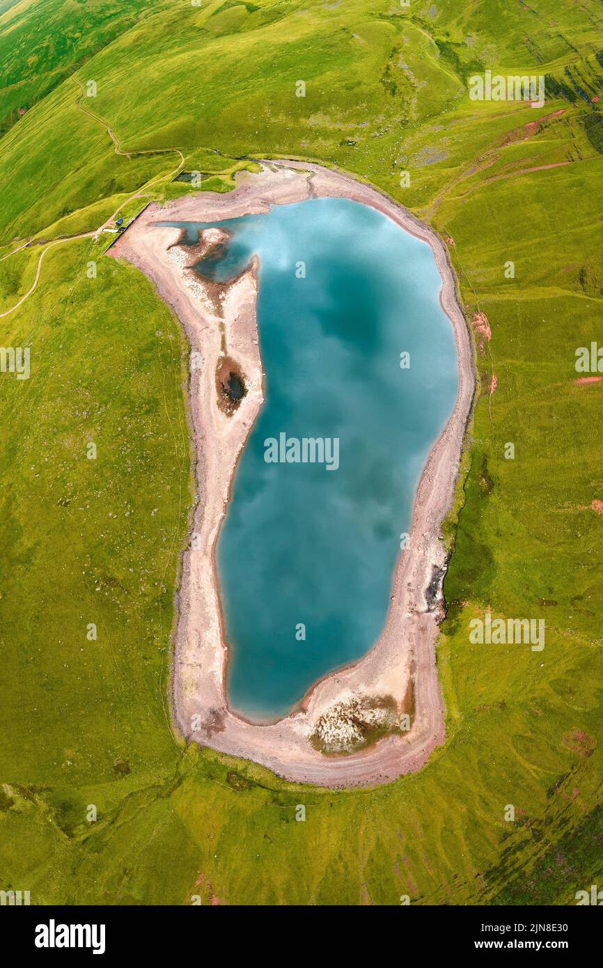 Aerial view to drying lake due to high temperature in Brecon Beacons ...