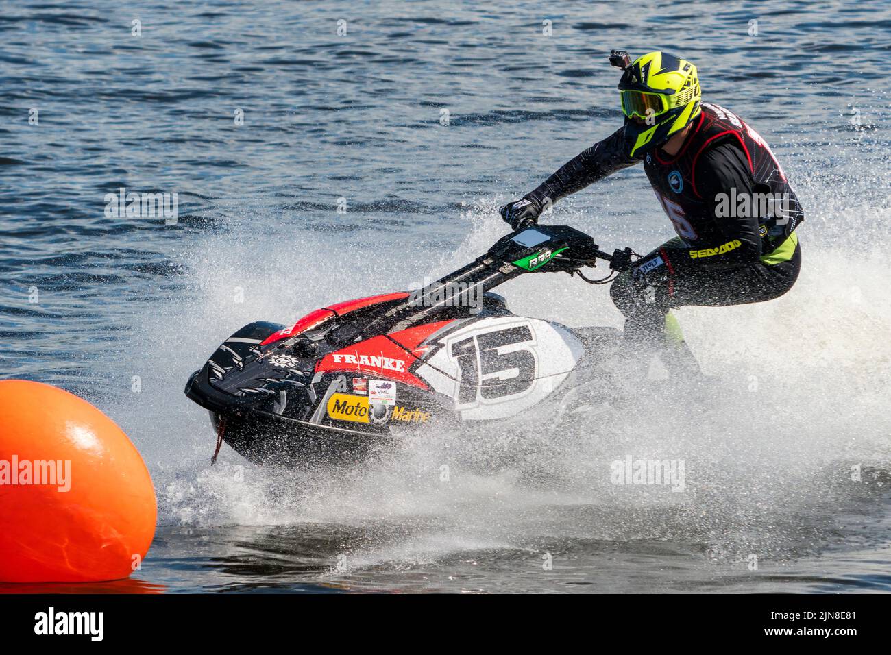 Kupiskis Lithuania 2022-08-07. Participants in the UIM Aquabike Baltic Cup 2022 of jet boats ...