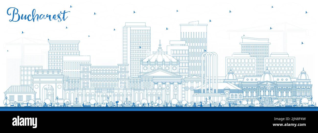 Outline Bucharest Romania City Skyline with Blue Buildings. Vector ...