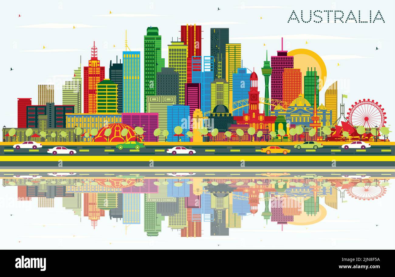 Australia City Skyline with Color Buildings, Blue Sky and Reflections ...