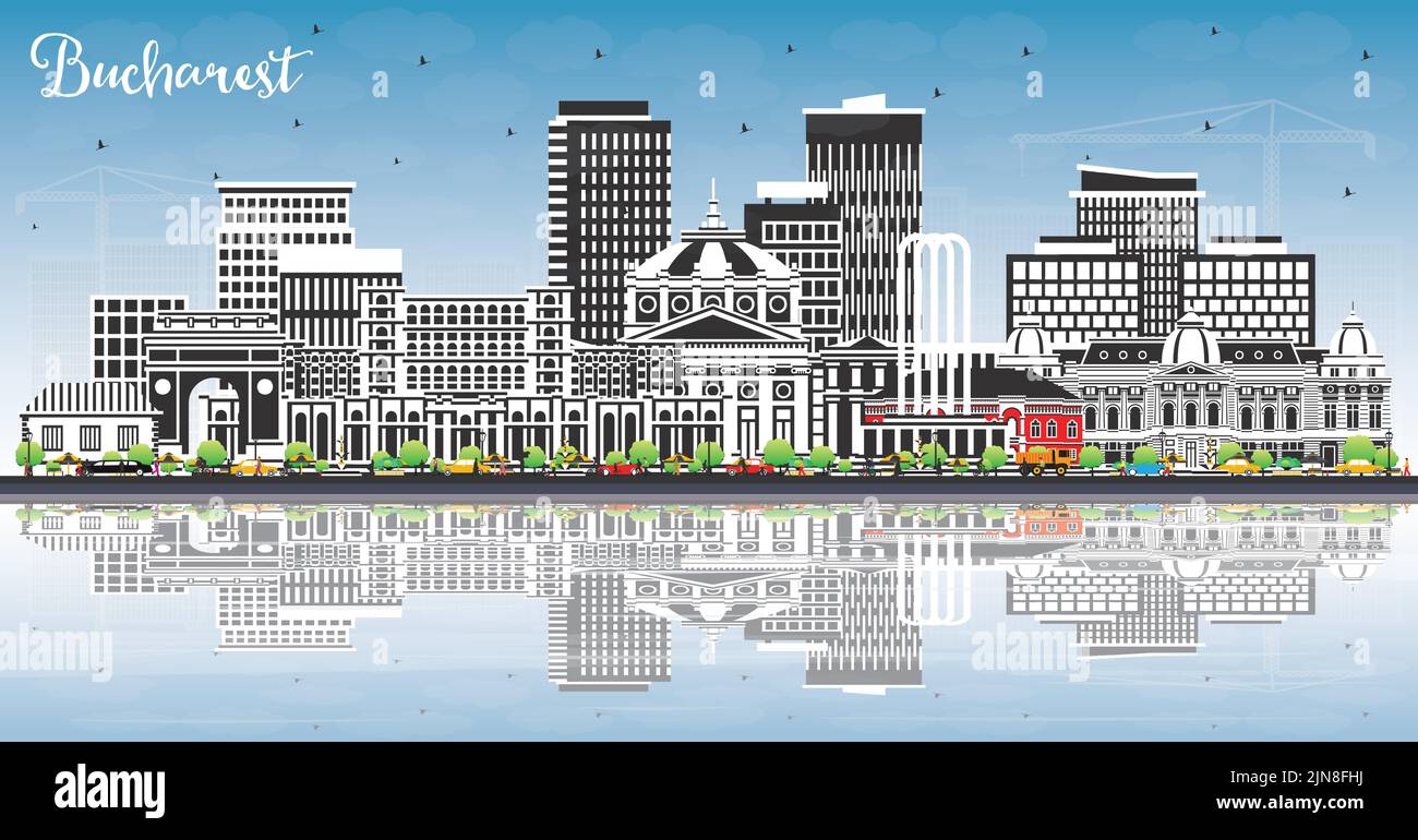 Bucharest Romania City Skyline with Color Buildings, Blue Sky and ...