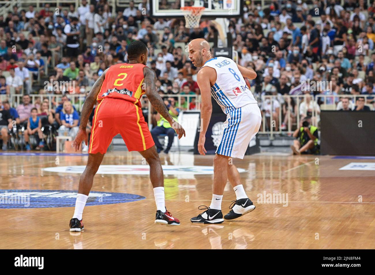 NICK CALATHES #8 of Greek Basketball Team react during the friendly ...