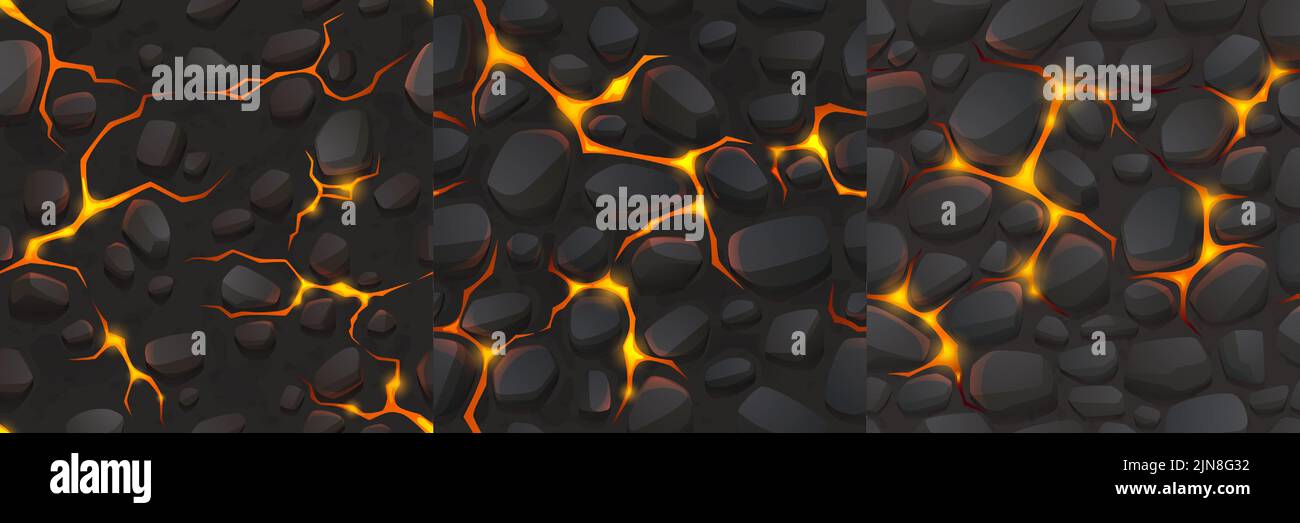 Liquid hot lava in ground cracks top view. Rock textures of volcano ...