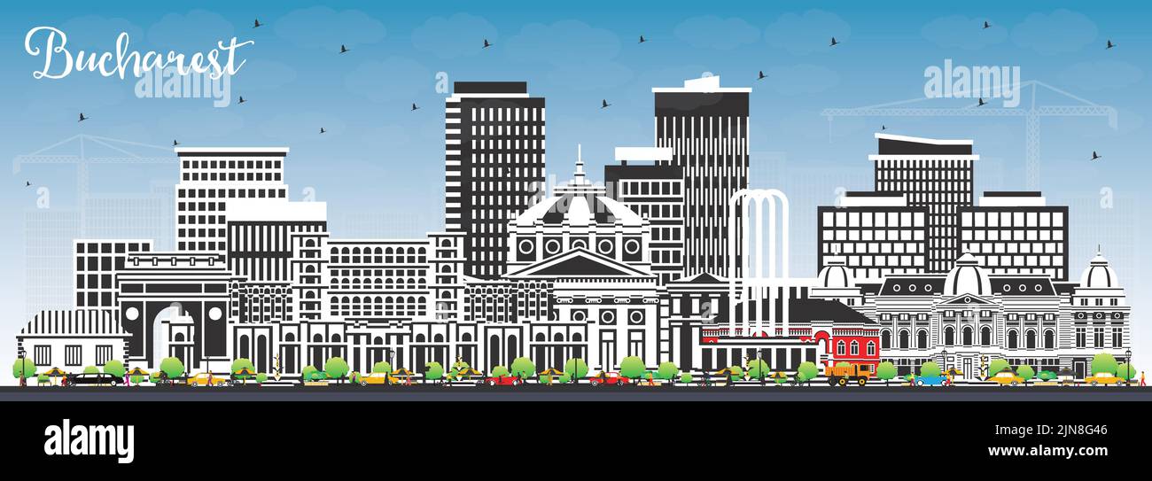 Bucharest Romania City Skyline with Color Buildings and Blue Sky ...