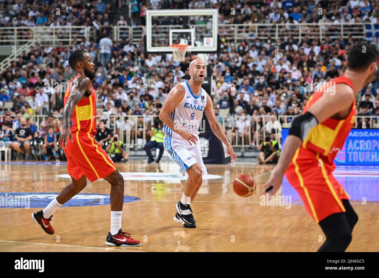 NICK CALATHES #8 of Greek Basketball Team react during the friendly ...