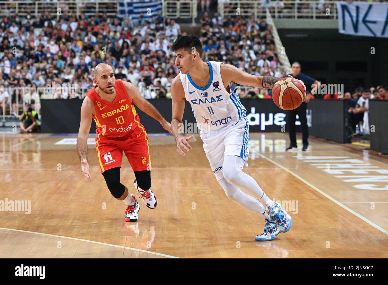 PANAGIOTIS KALAITZAKIS #11 of Greek Basketball Team react during the friendly match between the ...