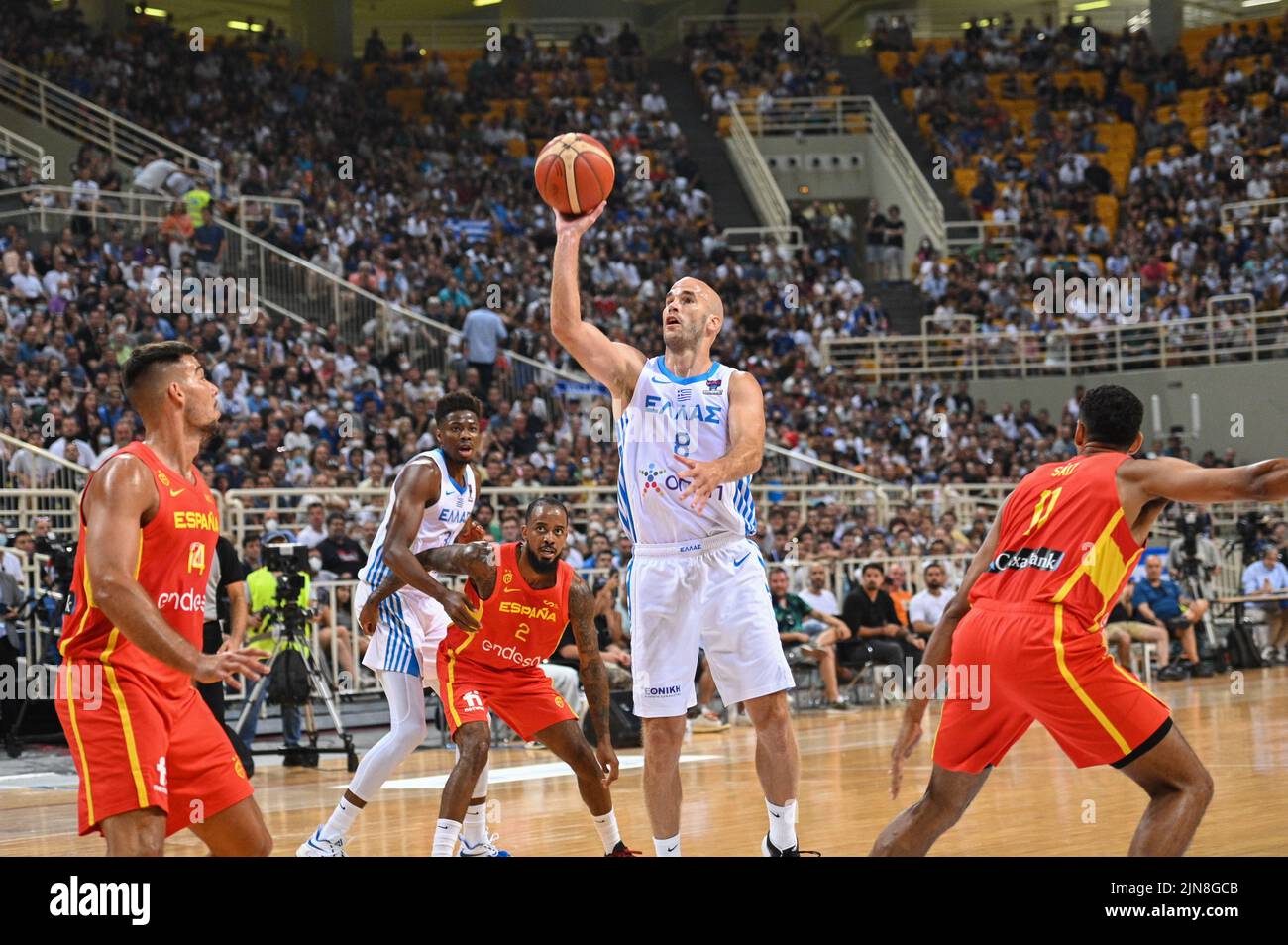 NICK CALATHES #8 of Greek Basketball Team react during the friendly ...