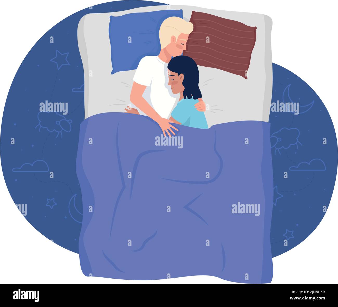 Hugging man and woman sleeping in bed 2D vector isolated illustration ...