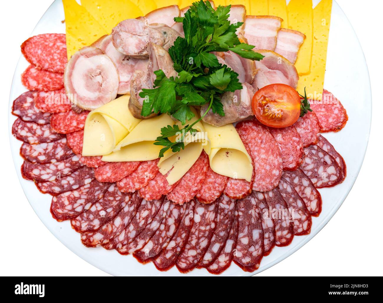 A plate of cold appetizers with various sausages, meat, and cheese ...