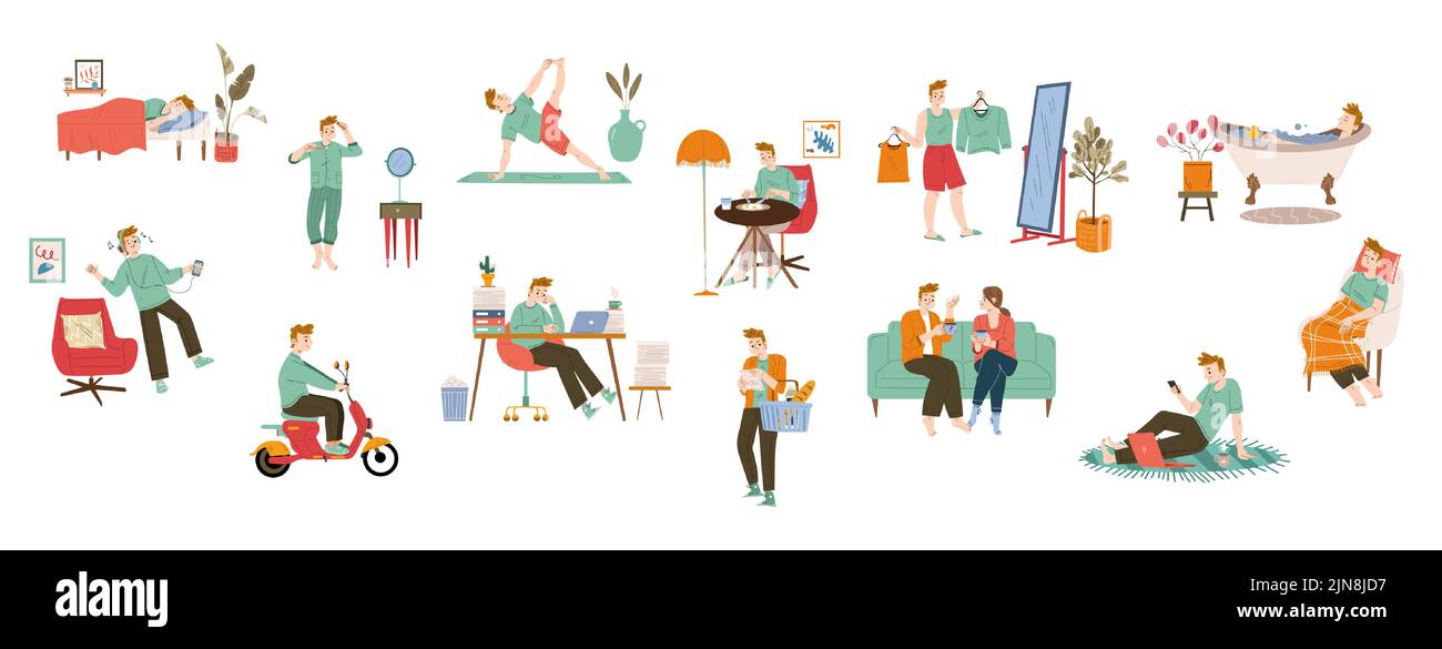 Man routine, daily life, schedule habits set. Male character sleep ...