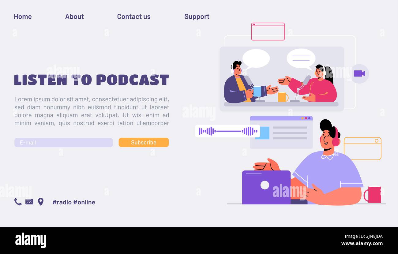 Listen to podcast banner with speakers people in headphones with ...