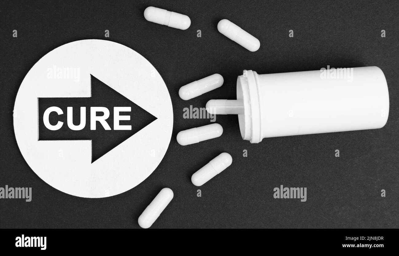 Medicine concept. Pills on a black background. They are indicated by a ...