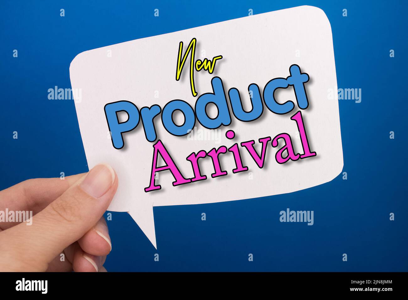 Speech bubble in front of colored background with New Product Arrival ...