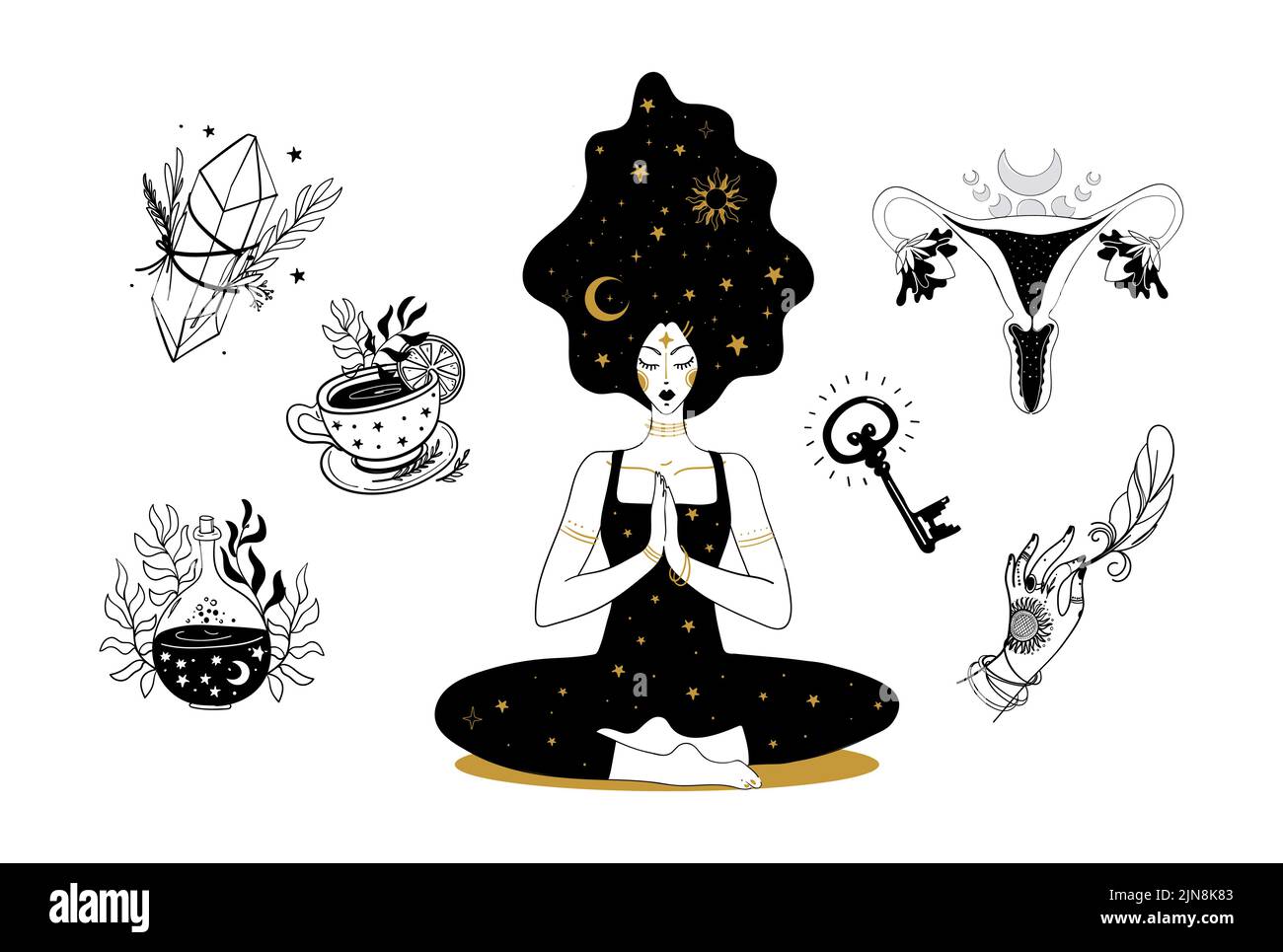 Set of mystical boho icons. Meditating woman hand drawn tattoo, witch ...