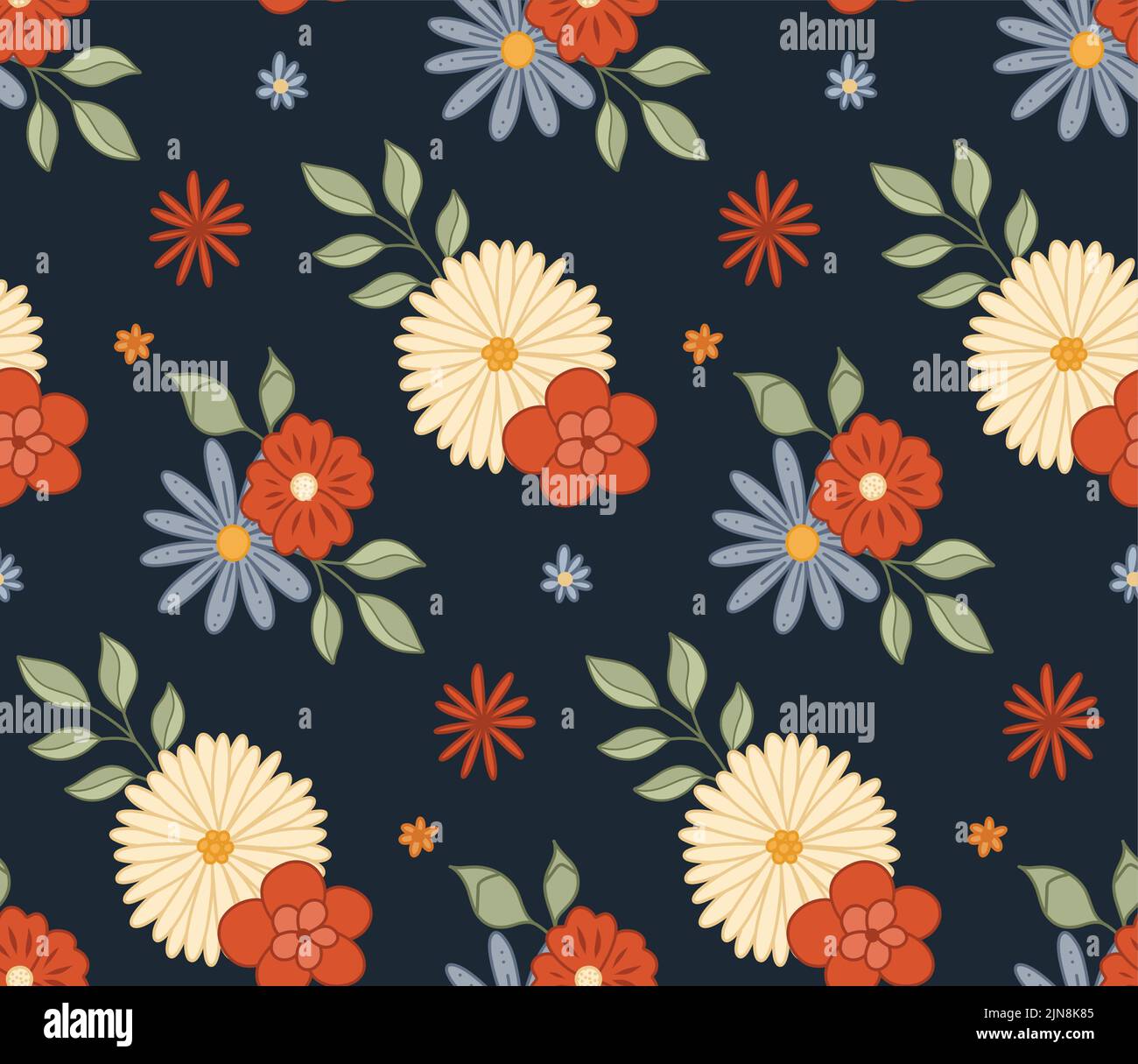 Vector seamless pattern with bouquet of groovy flowers and stems on ...