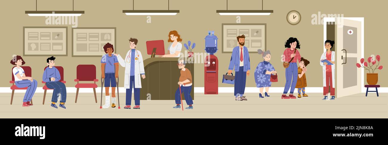 Hospital hall with people waiting in queue, doctors, reception desk and ...