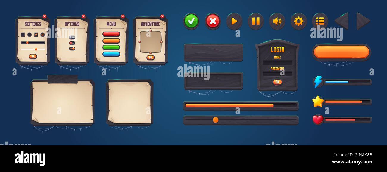 Old wooden boards with buttons, menu, assets and frames for game interface design. Vector ...