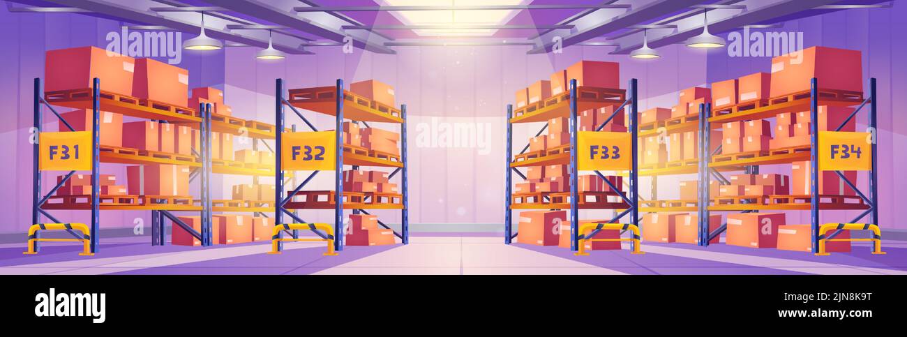Warehouse interior storehouse inner view, racks filled with boxes on ...