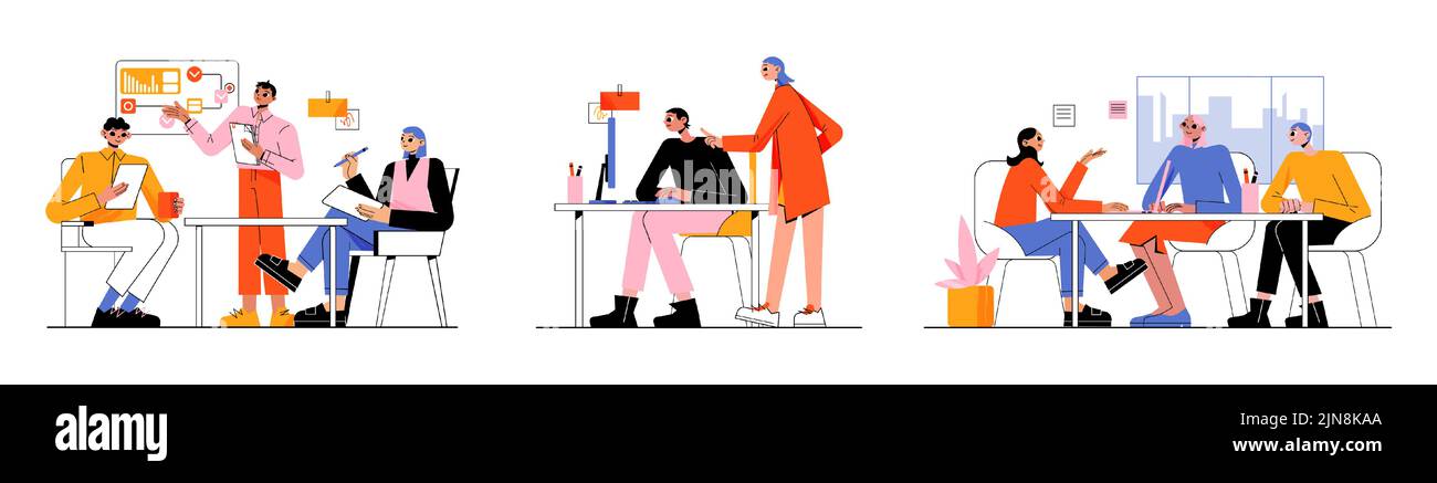 Teamwork, employee communication in office. Vector flat illustration of ...